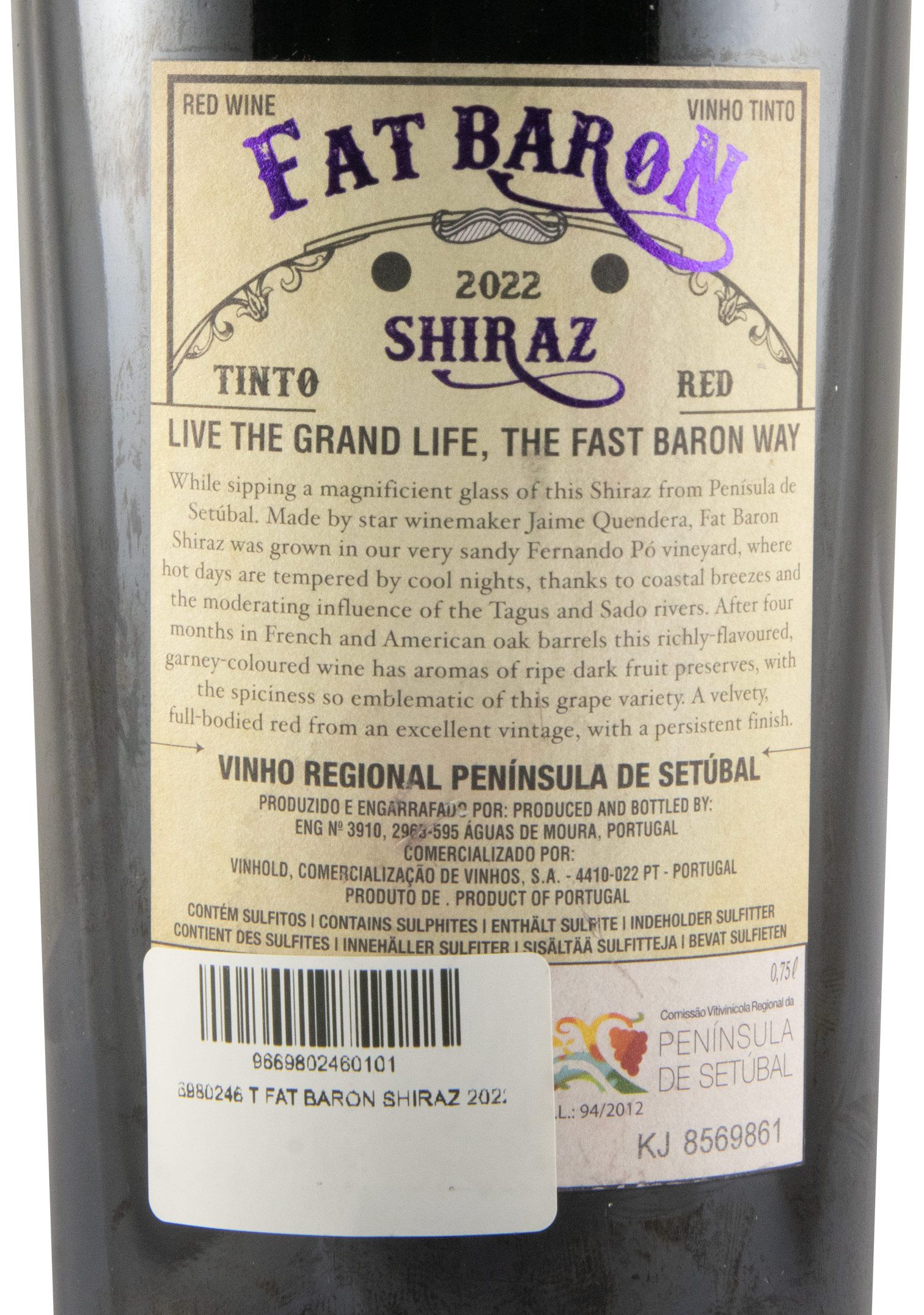 2022 Casa Ermelinda Freitas Fat Baron Shiraz tinto (rótulo danificado)